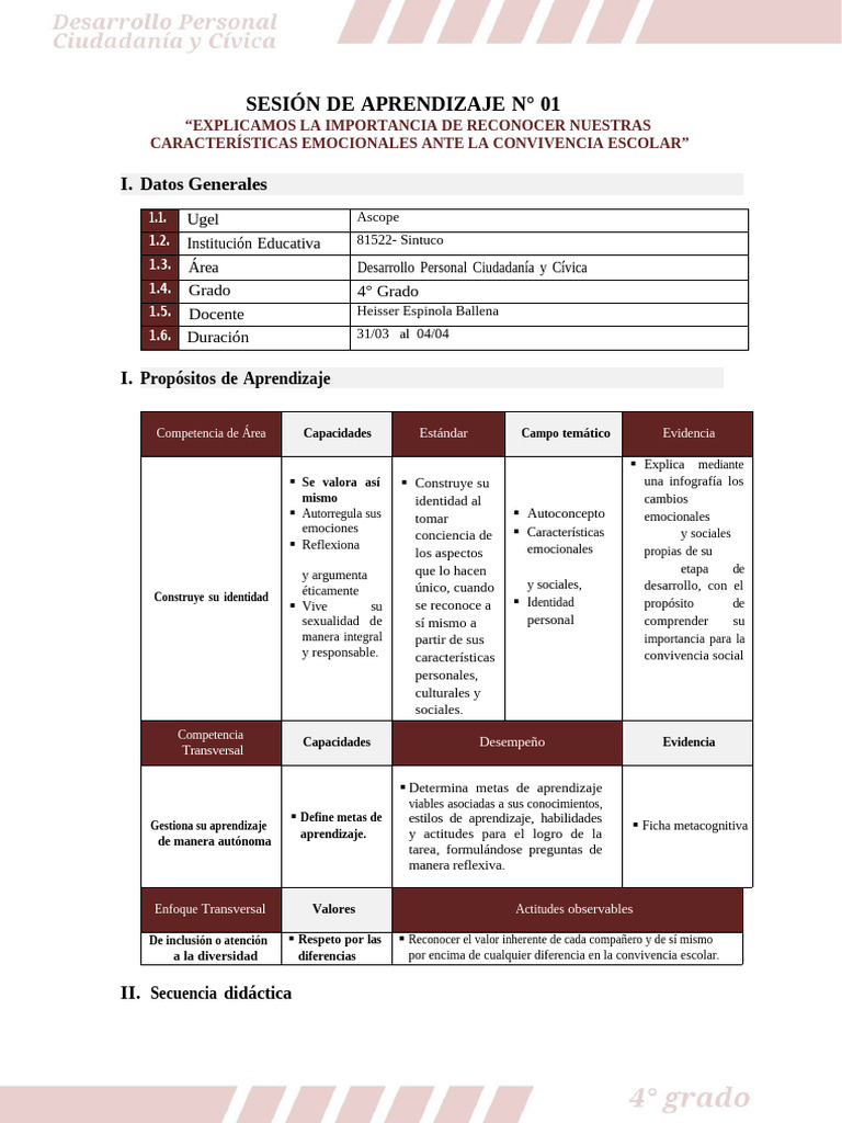 Sesión N°1 - 4TO GRADO - DPCC | PDF | Las emociones | Aprendizaje