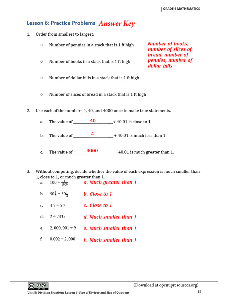 Math 6 Plus Unit 5 Lesson 4 Practice Problems KEY | PDF | Division ...