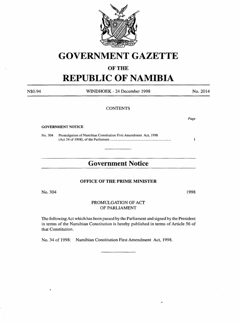 Namibian Constitution First Amendment Act 1998 | PDF | Namibia ...
