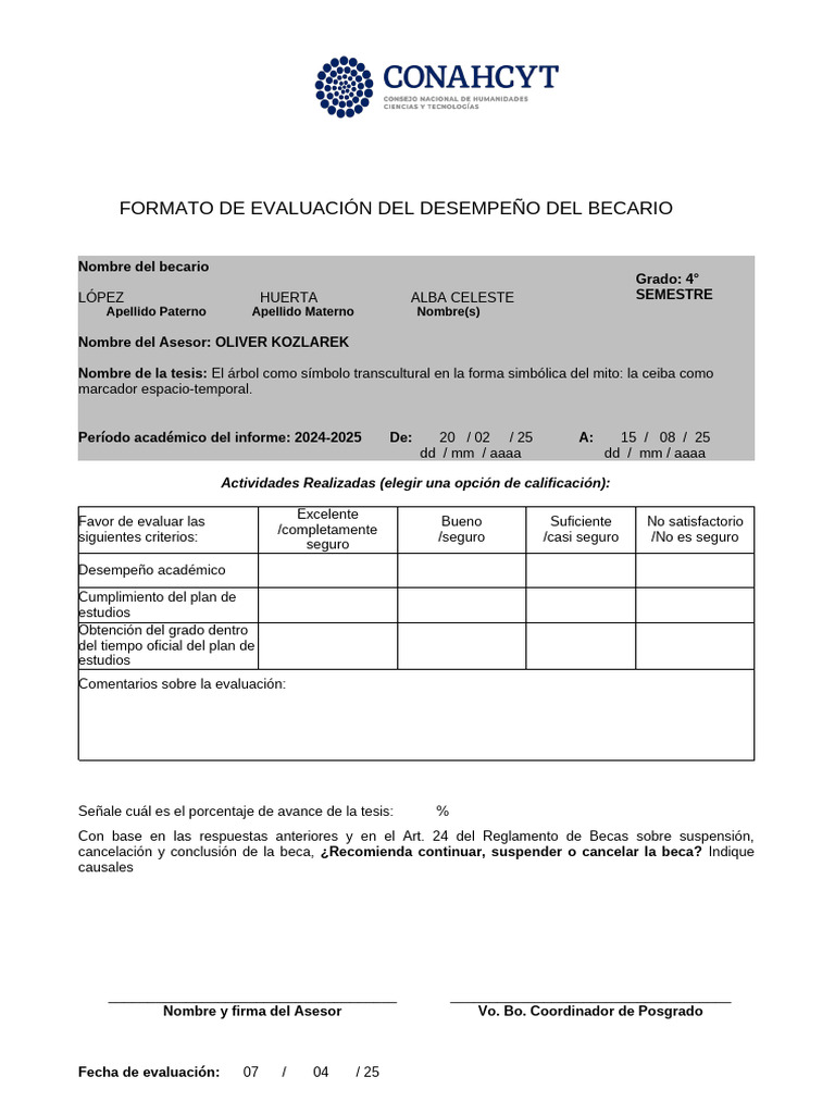 Evaluación Desempeño Becario CONACYT 2025 | PDF