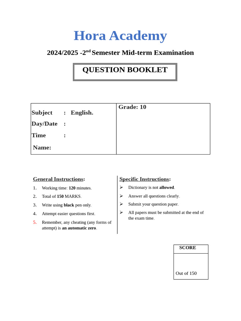 English, Grade 10 Mid Term Exam. | PDF
