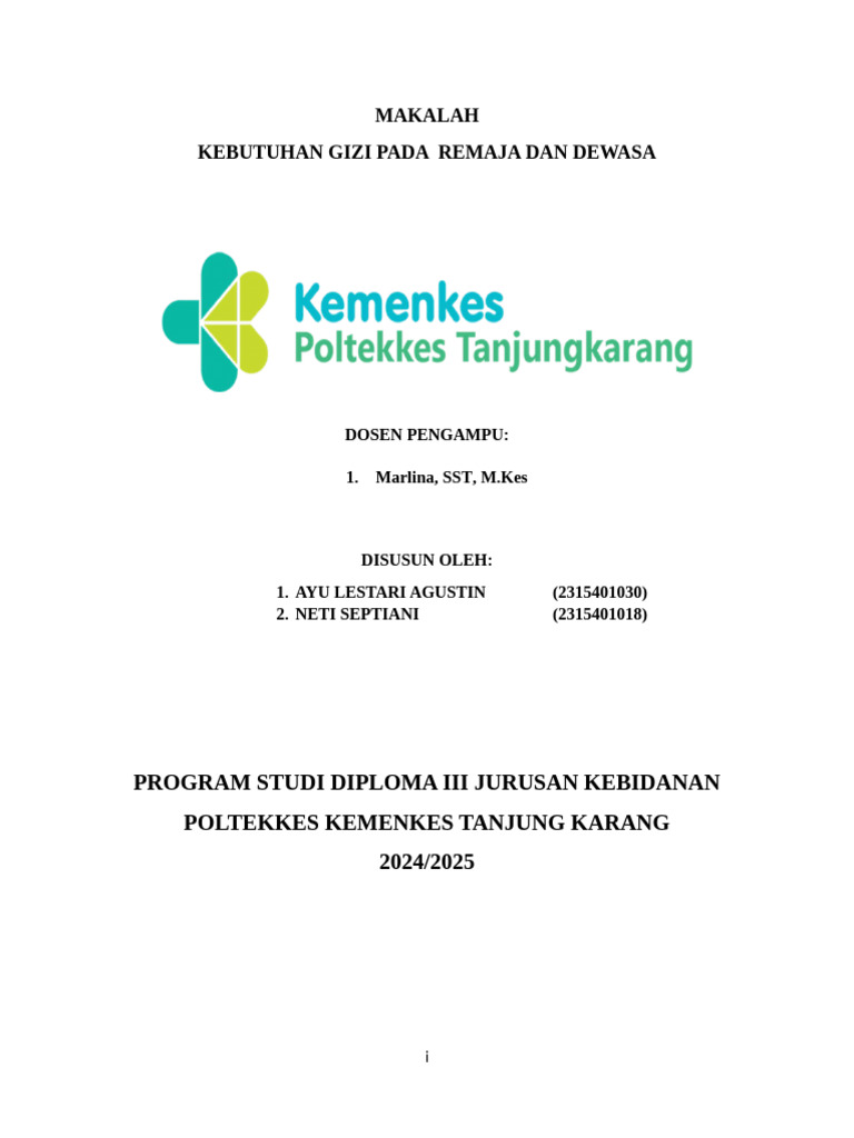 MAKALAH GIZI KL 9 Kebutuhan Gizi Remaja | PDF