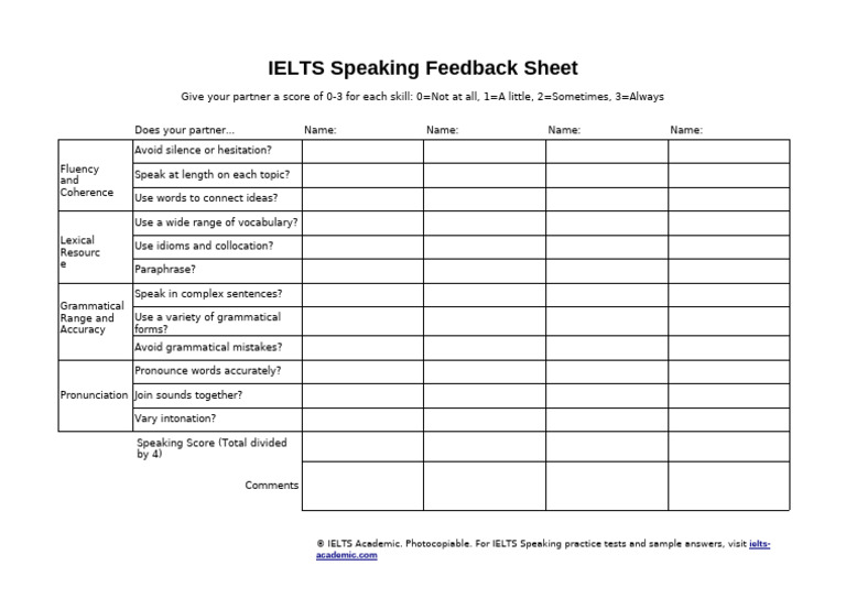 IELTS Speaking Feedback Score Sheet | PDF
