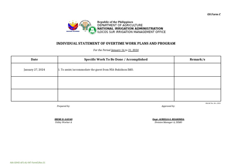 Form 71 Individual Statement of Overtime work Plans and Programs Rev 00 ...