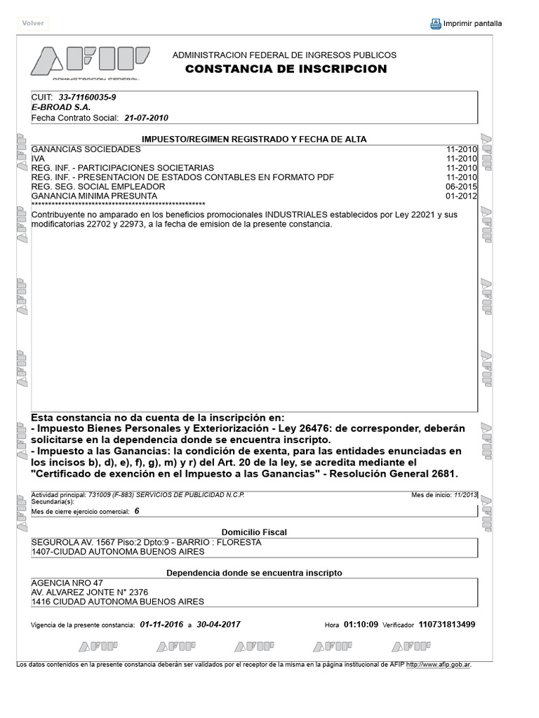 Constancia de Inscripción AFIP E-BROAD SA | PDF | Impuestos | Finanzas del gobierno