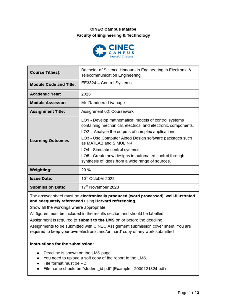 Control Systems Assignment 2023 | PDF | Control Theory | Electricity