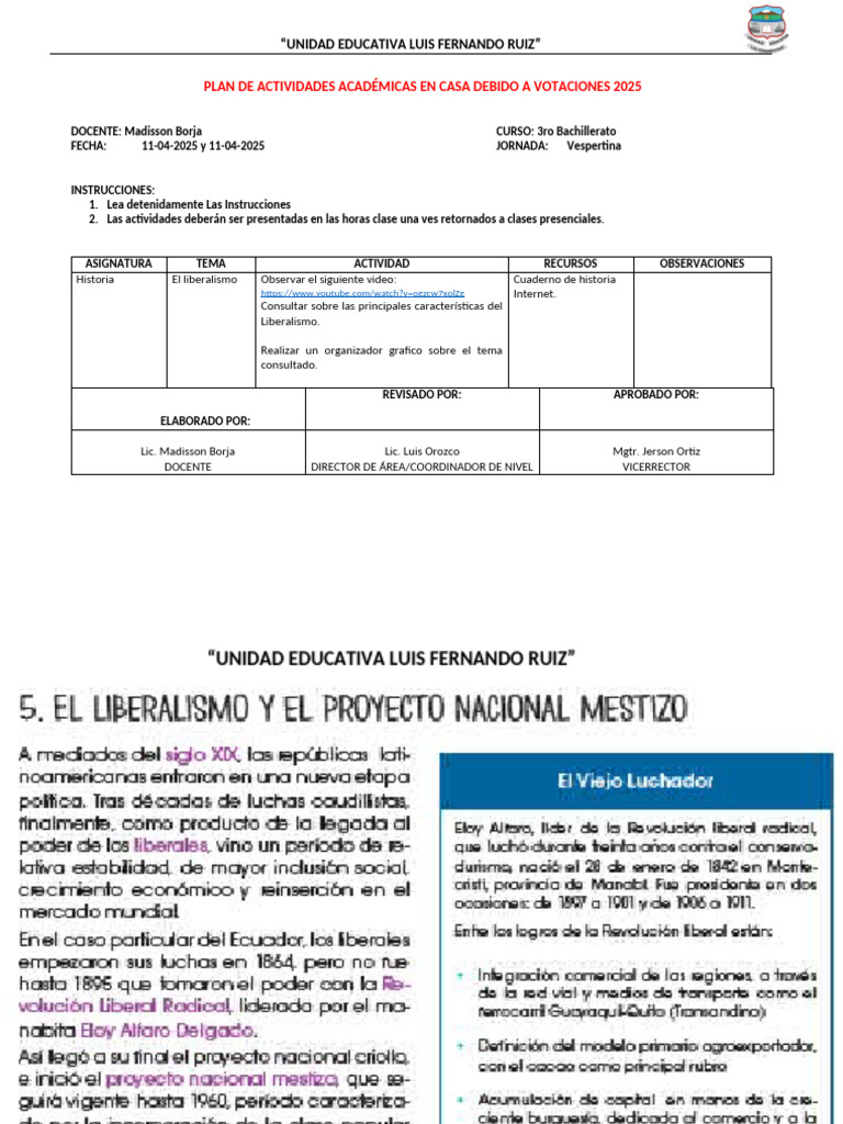 PLAN DE ACTIVIDADES ACADÉMICAS EN CASA 3ro BACHILLERATO Abril 2025 | PDF