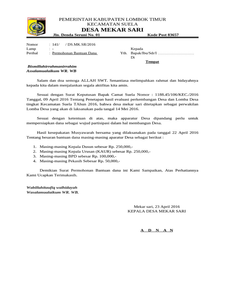 Permohonan Bantuan Dana Desa Mekar Sari | PDF