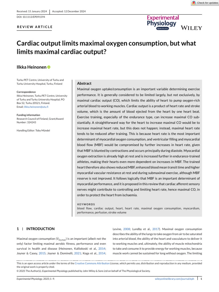 Experimental Physiology - 2025 - Heinonen - Cardiac Output Limits Maximal Oxygen Consumption But ...