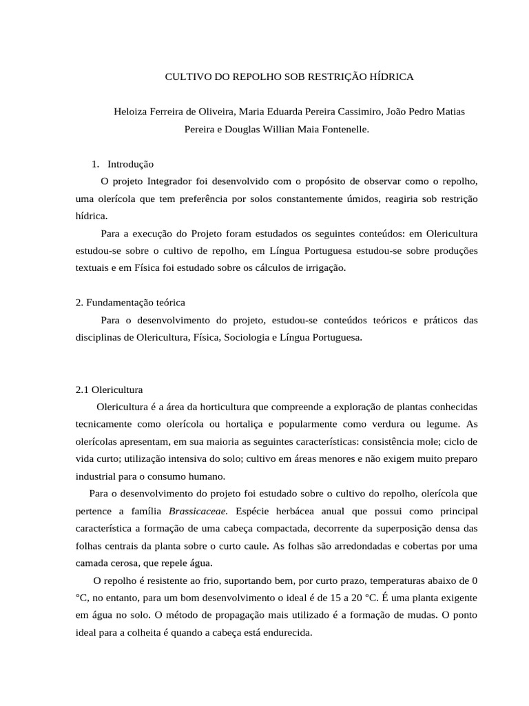 Modelo Relatório Projeto Integrador | PDF | Agricultura | Sociologia