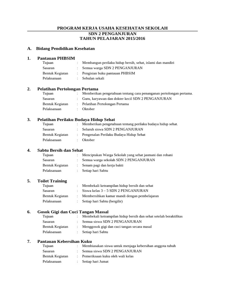 PROGRAM KERJA USAHA KESEHATAN SEKOLAH Uks | PDF