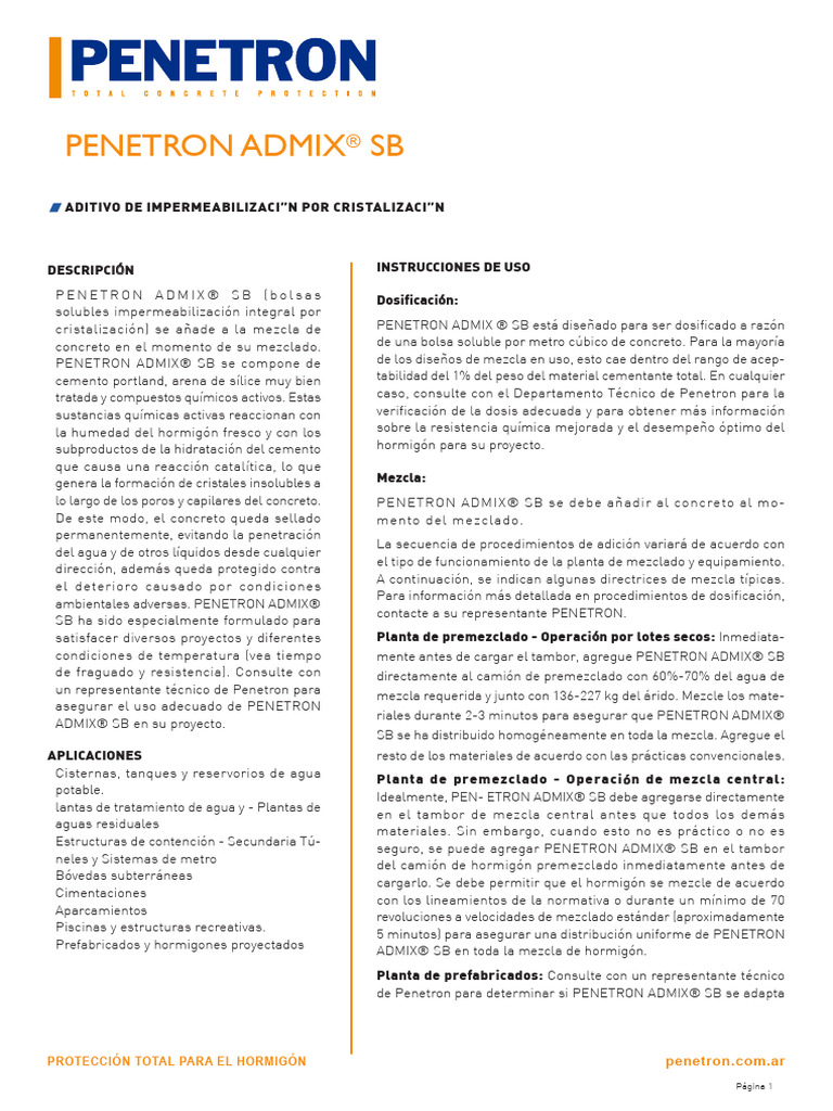 FT Penetron Admix SB | PDF | Hormigón | Materiales