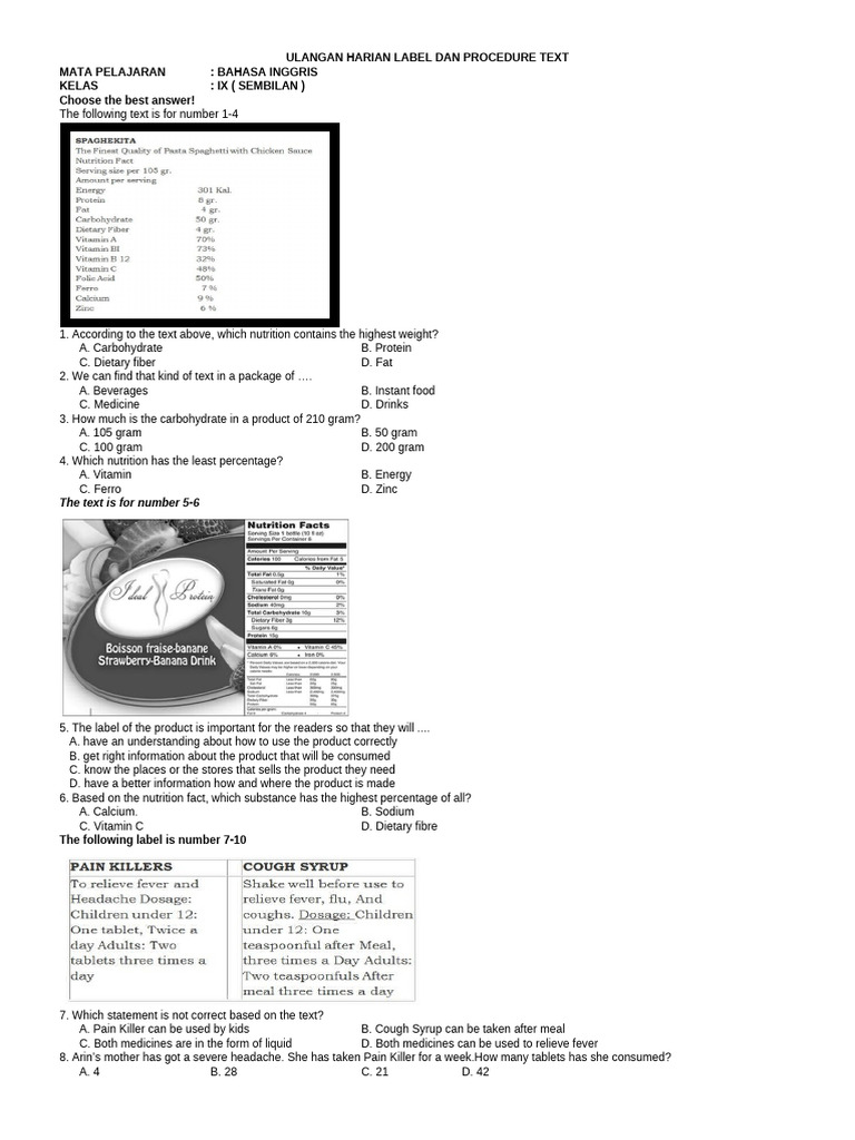 Daily Quiz on Labels and Procedures | PDF | Juice | Diet & Nutrition
