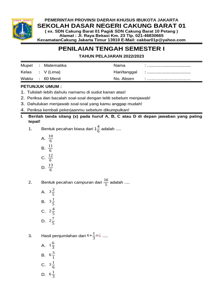 SOAL PTS_MATEMATIKA_KELAS 5_SEMESTER 1_TAPEL 2022-2023 | PDF