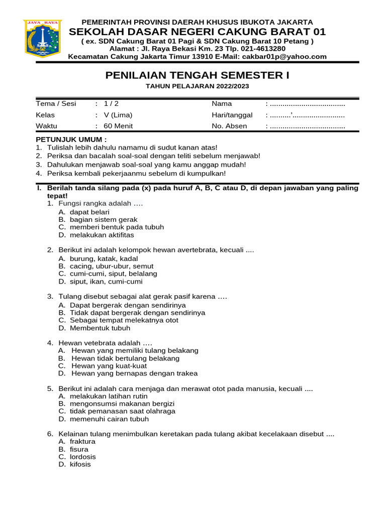 Soal PTS - Tema 1 Sesi 2 - Kelas 5 - Semester 1 - Tapel 2022-2023 - Tanpa Kunci | PDF