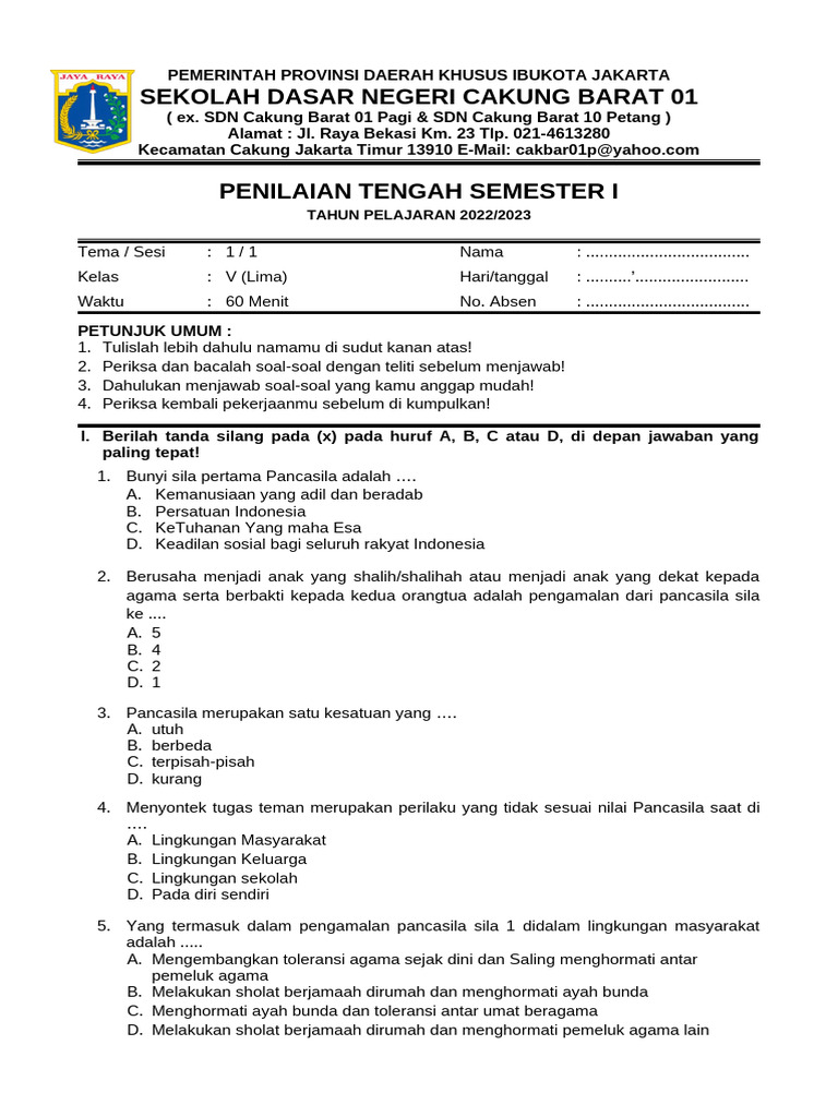 Soal PTS - Tema 1 Sesi 1 - Kelas 5 - Semester 1 - Tapel 2022-2023 | PDF