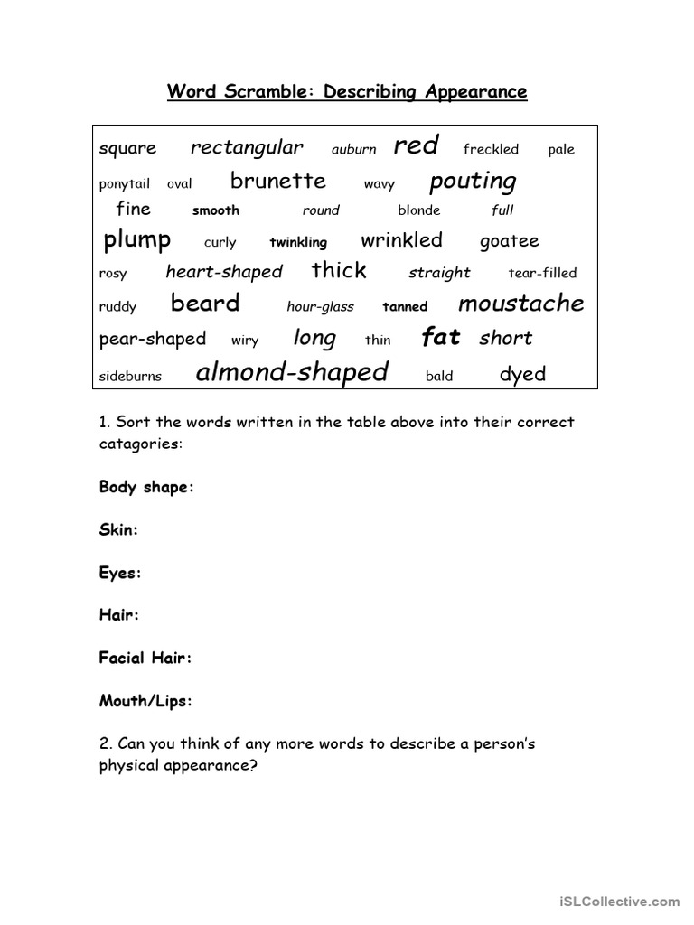 Word Scramble: Physical Appearance Terms | PDF