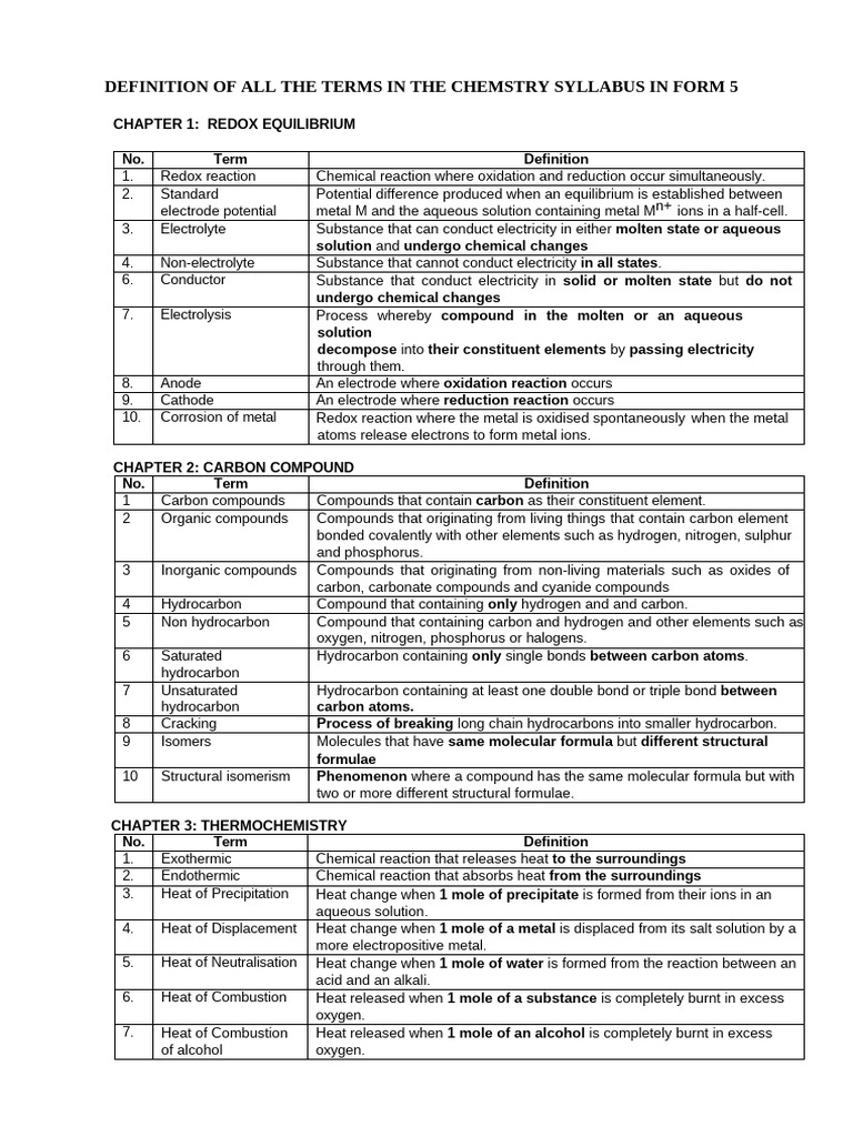 Chemistry Terms Definitions for Form 5 | PDF | Redox | Chemical Compounds