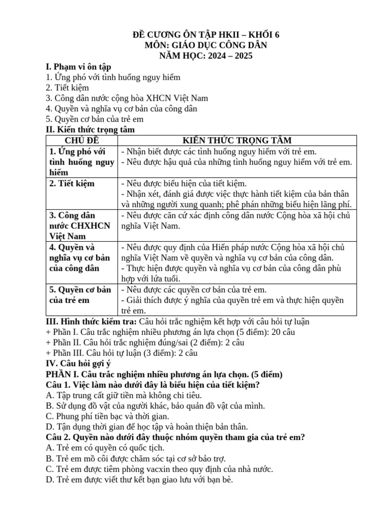 Ôn tập HKII - Môn GDCD 6 | PDF