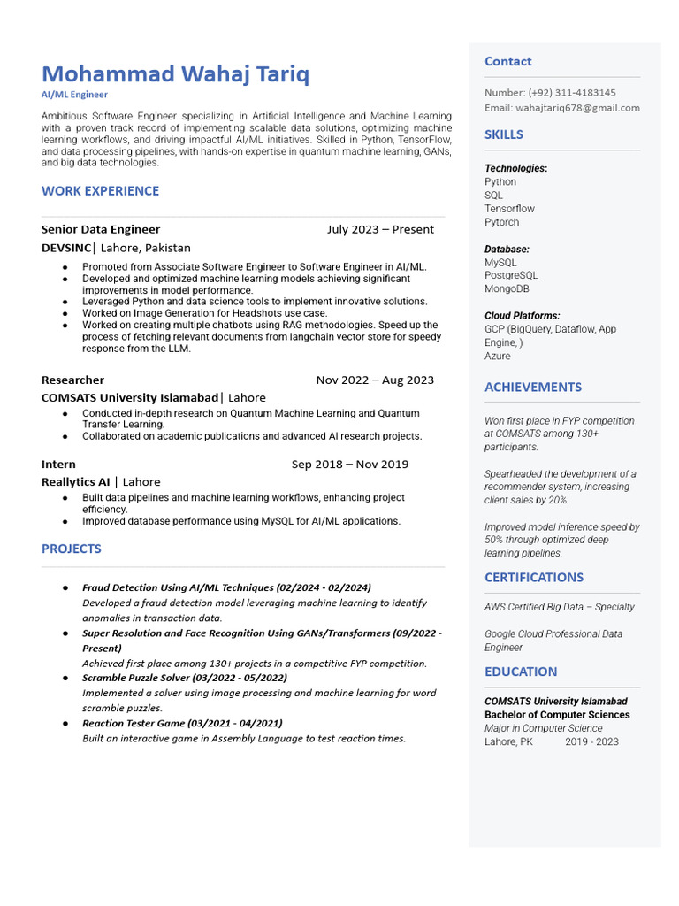 Mohammad Wahaj Tariq Resume AI - ML | PDF | Machine Learning | Artificial Intelligence