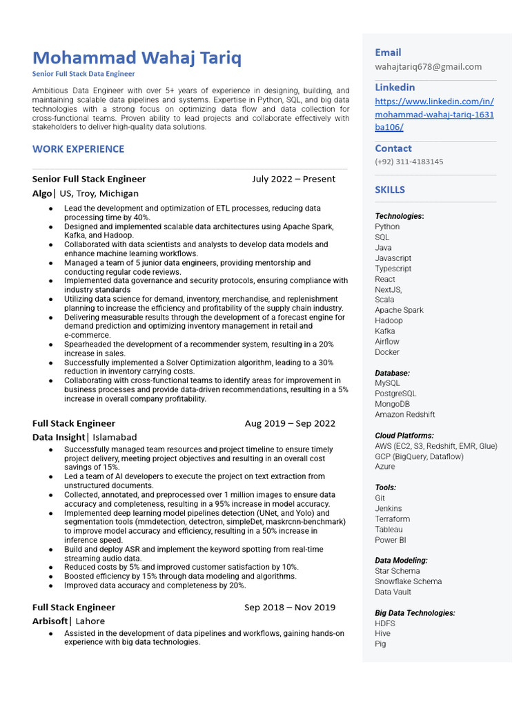 Mohammad Wahaj Tariq Resume Senior Full Stack Data Engineer | PDF | Data Science | Forecasting