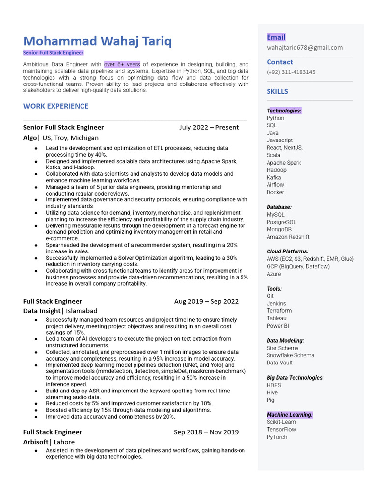 Mohammad Wahaj Tariq Resume Full Stack Engineer | PDF | Analytics | Big Data