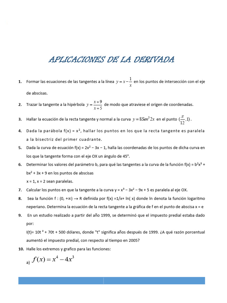 Ejercicios - Aplicaciones Derivadas (1) | PDF | Tangente | Línea (geometría)