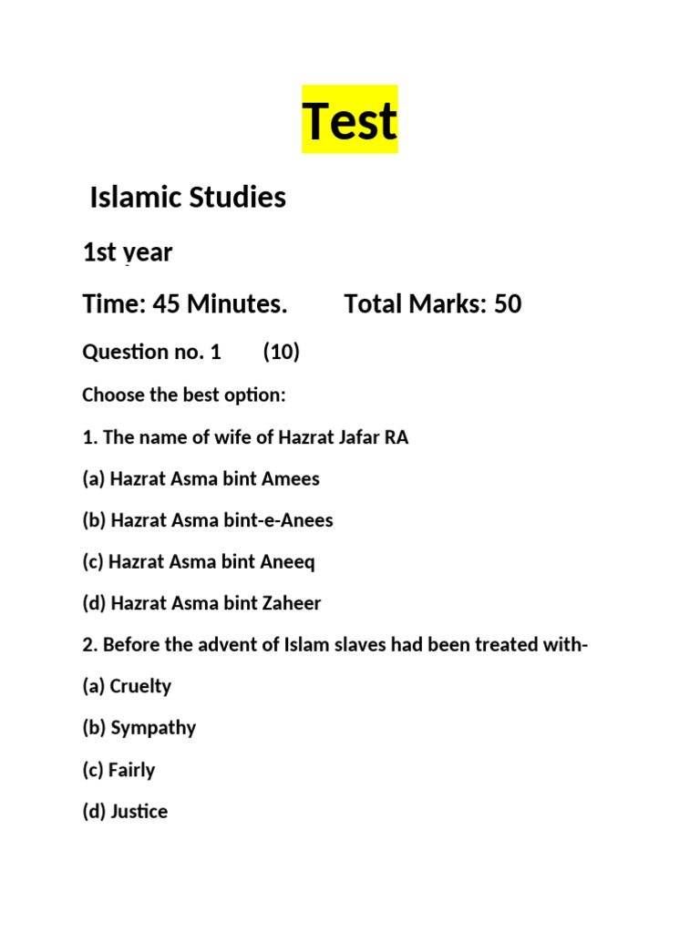 Islamic Studies - Ch3 TEST | PDF