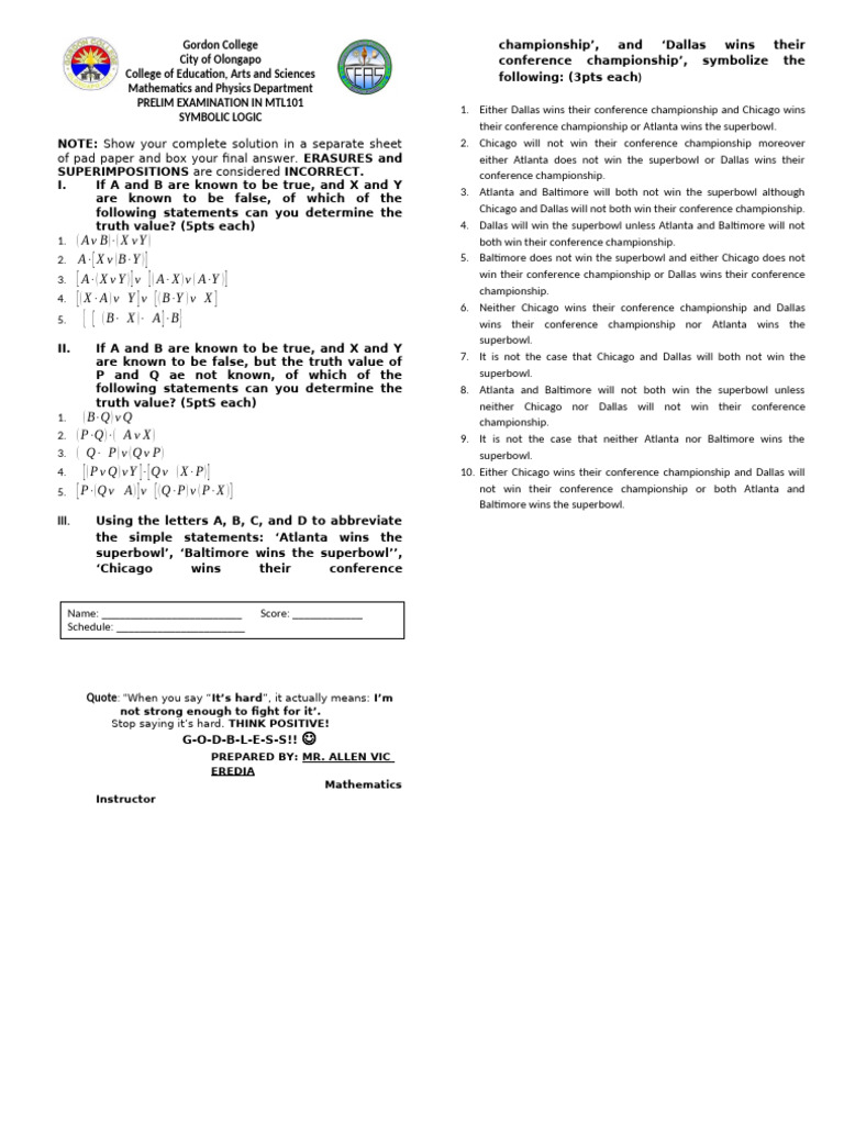 Symbolic Logic Prelim | PDF | Logic | Truth