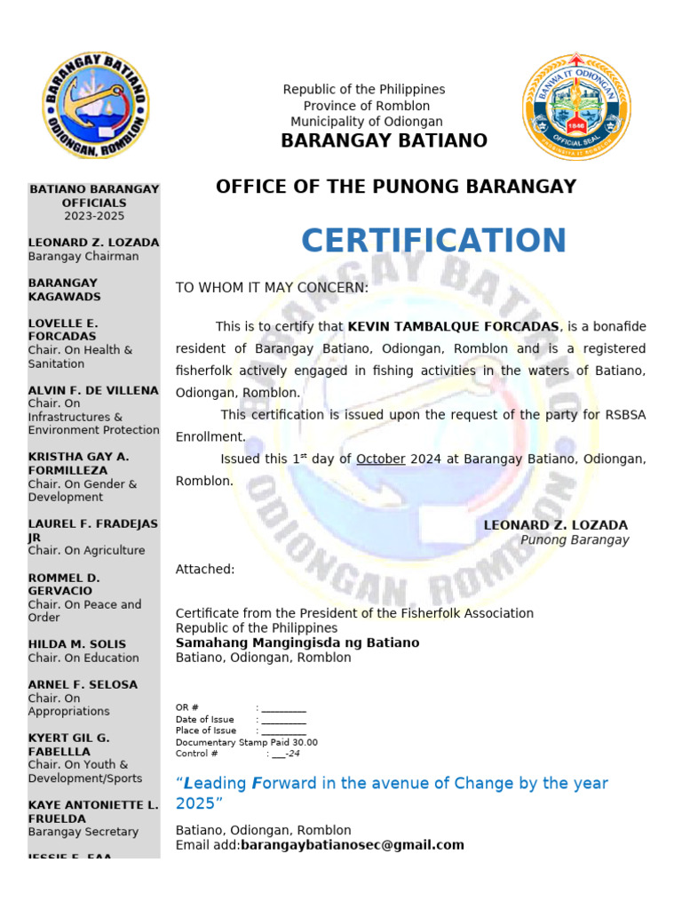 Barangay Certification - D.A. Fisherfolks | PDF