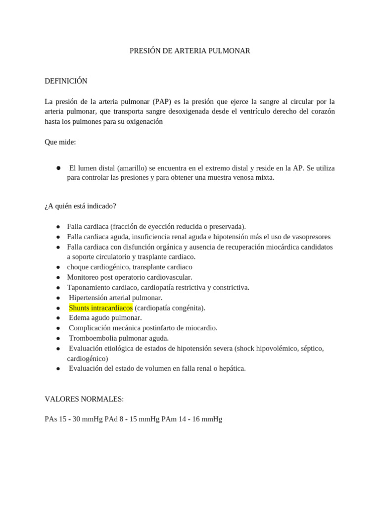 Medición de Presión Arterial Pulmonar | PDF | Corazón | Insuficiencia ...
