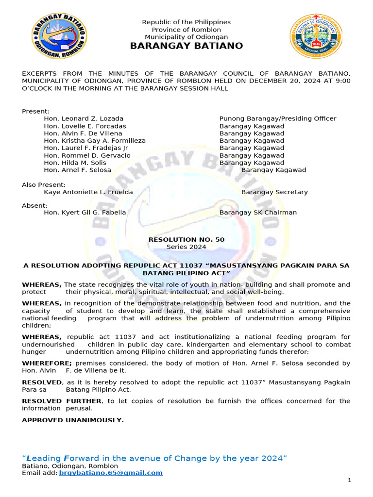 Barangay Batiano Resolution on Nutrition | PDF
