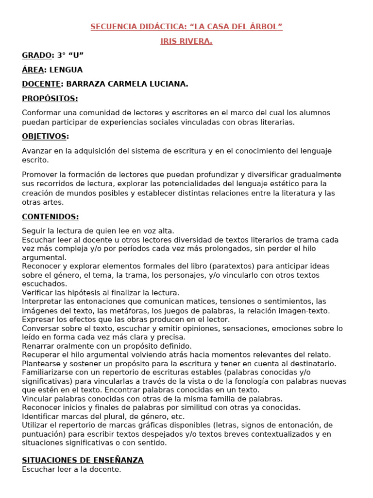 SECUENCIA-DIDACTICA-LA-CASA-DEL-ARBOL-3° COCCHETTI 2024 | PDF | Escritura | Comunicación humana