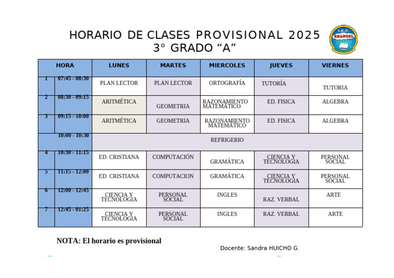 Horario de Clases 3ro-A de Primaria 2025 (Provisional Modificado) | PDF