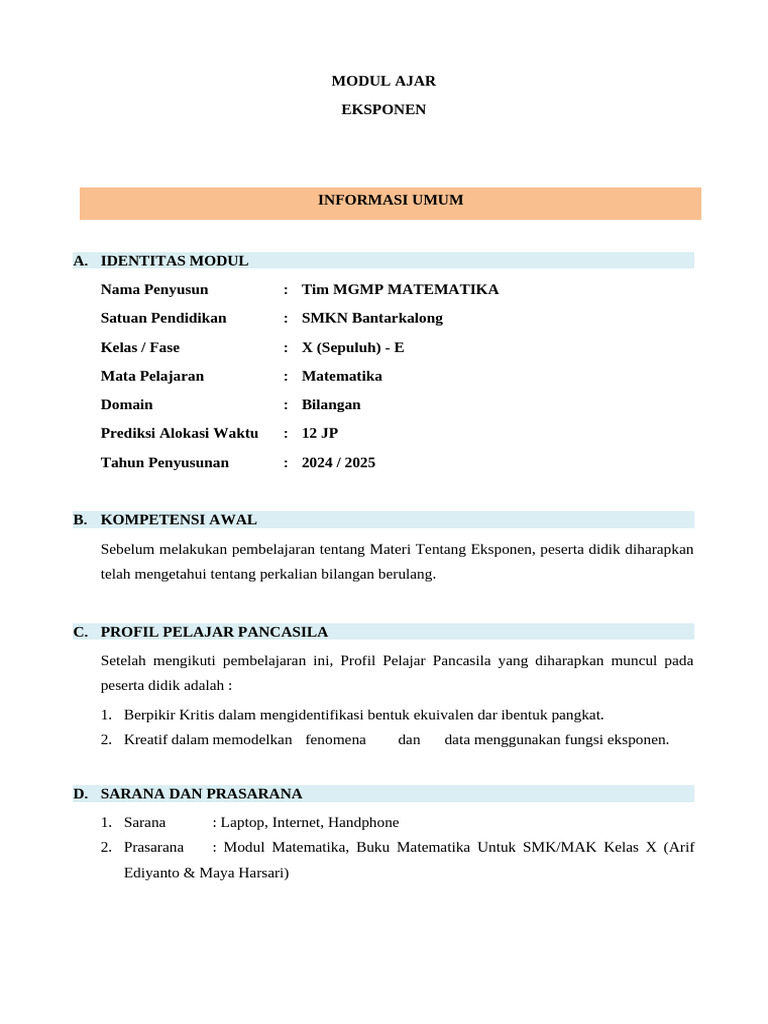 Modul Ajar Eksponen Kelas X SMK | PDF