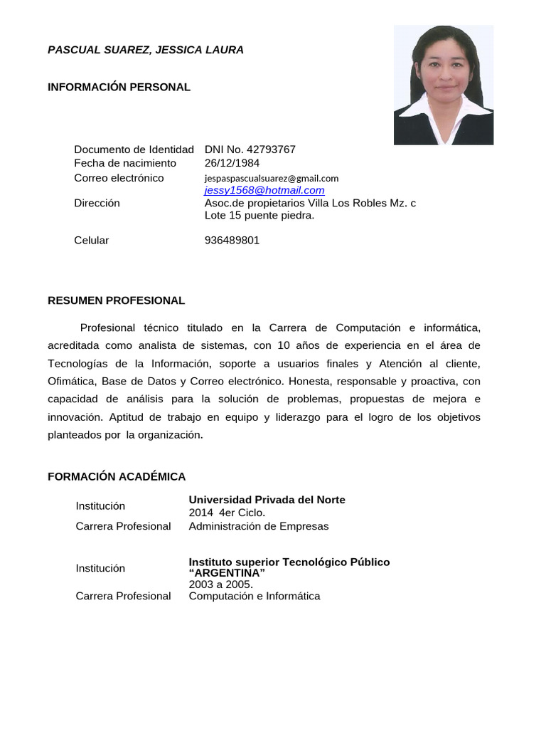 CV - Jessica Laura Pascual Suarez-2024 | PDF | Soporte técnico | Mesa ...