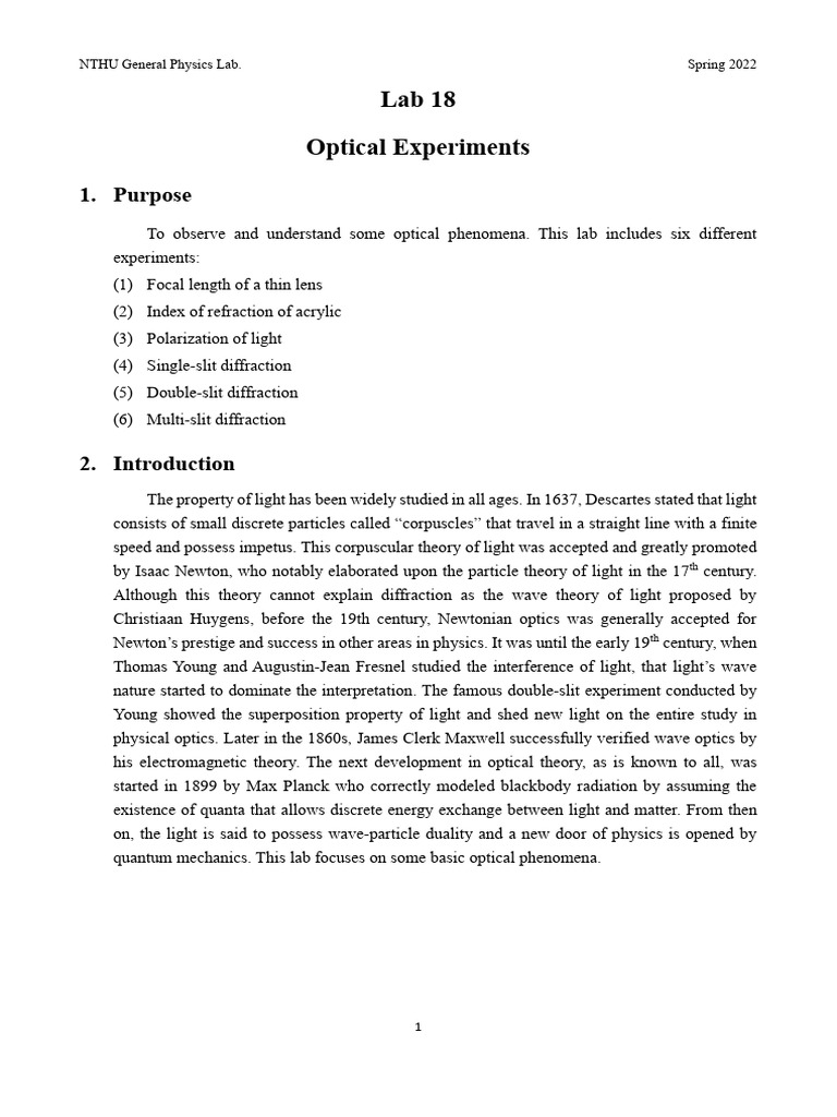 Lab 18 Optical Experiment | PDF | Optics | Light