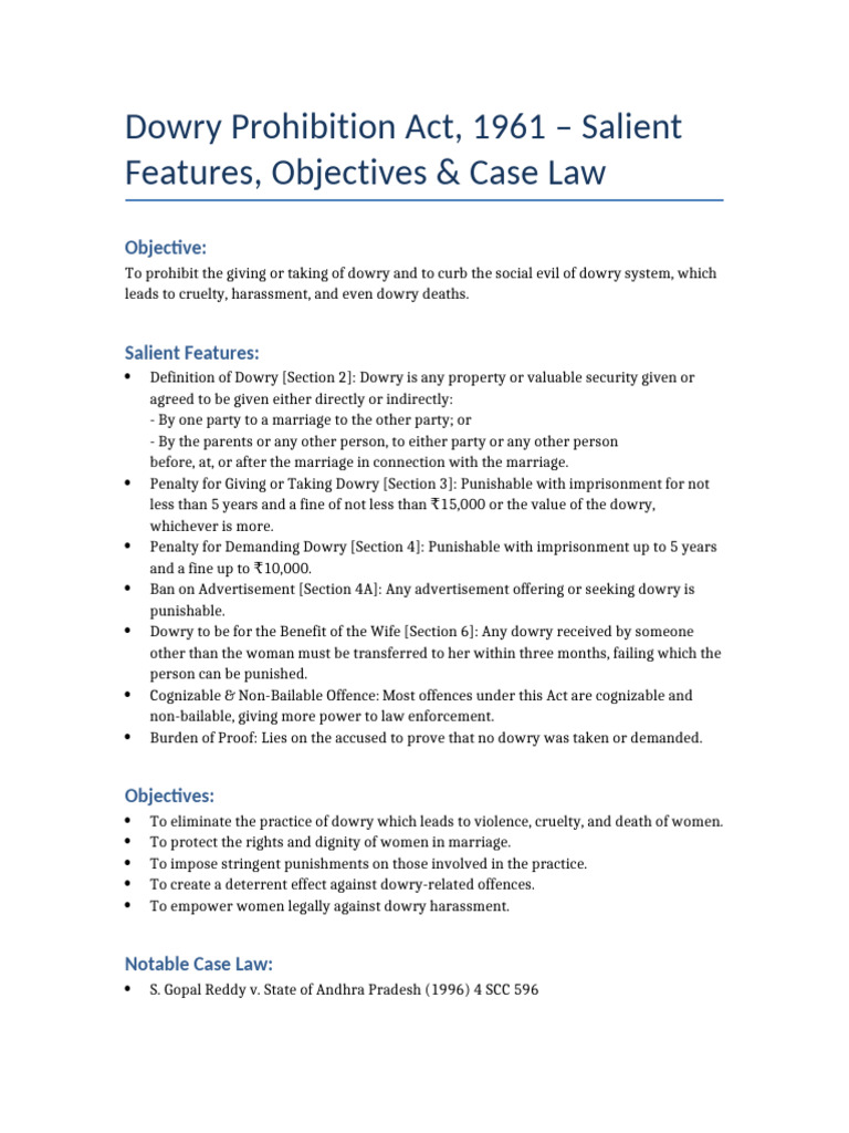 Dowry Prohibition Act: Key Features & Cases | PDF | Public Law | Common Law