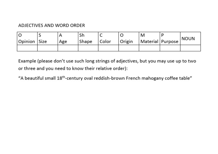 Adjectives and Word Order Completed | PDF