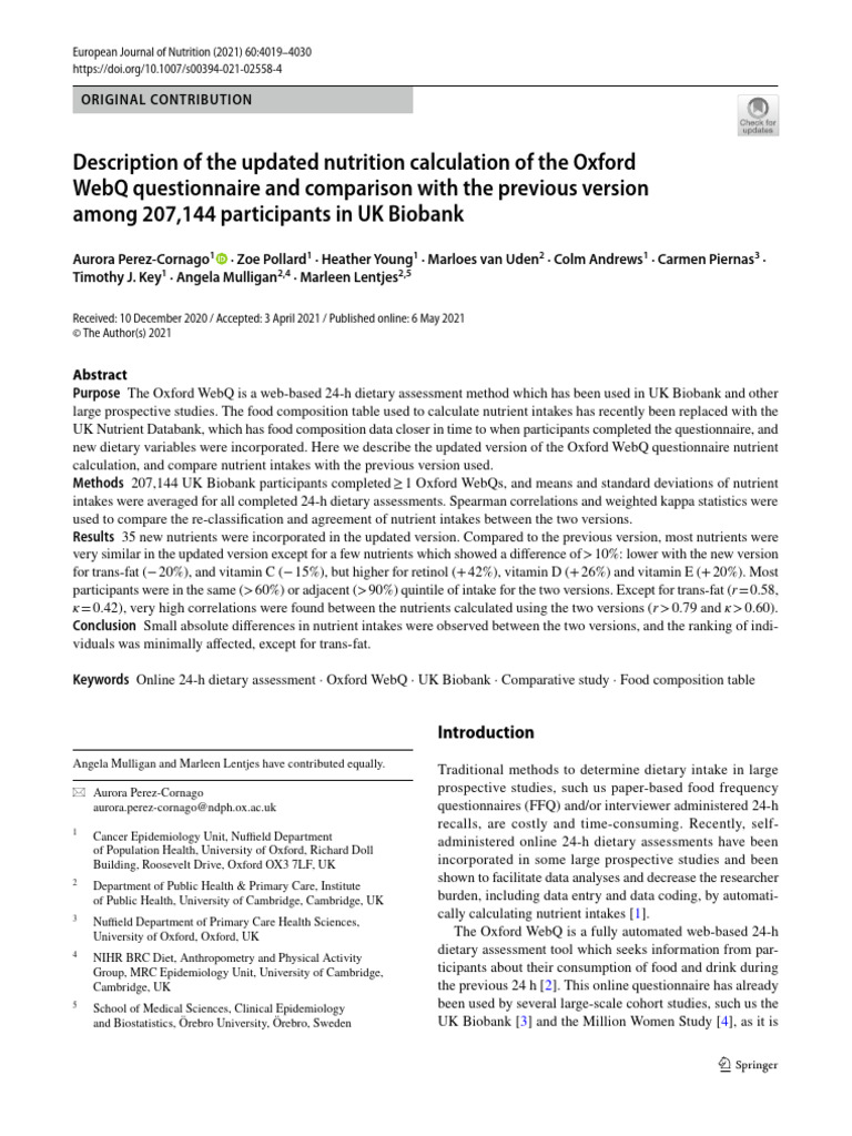 Description of The Updated Nutrition Calculation of The Oxford WebQ ...