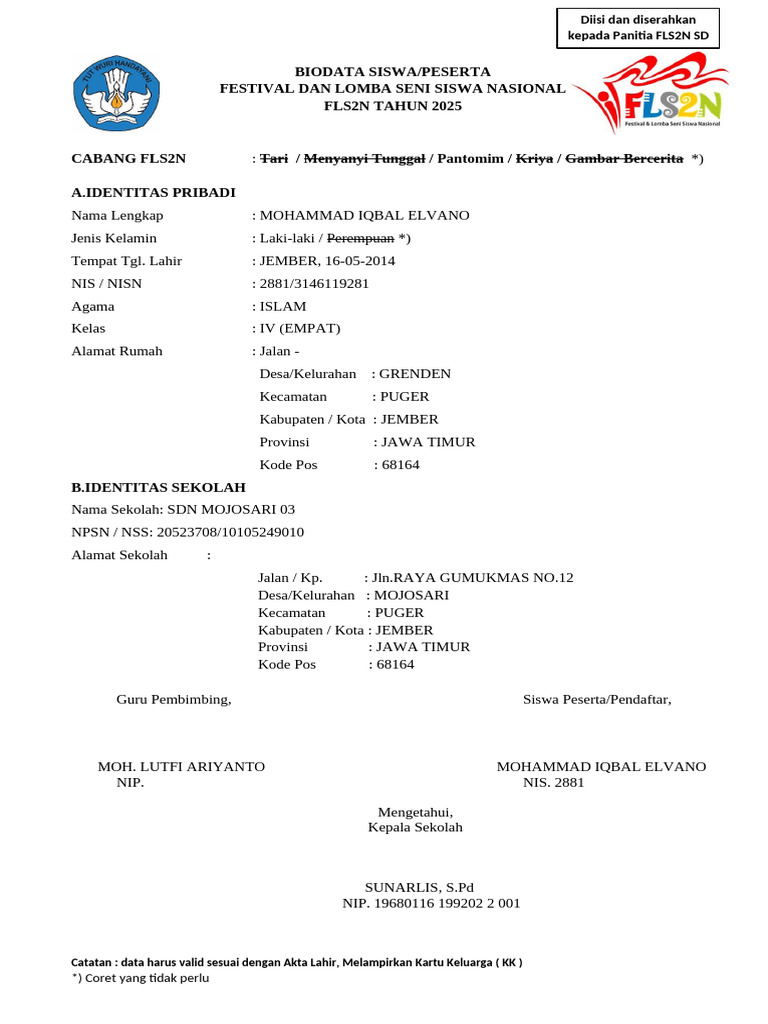 Biodata Siswa FLS2N Iqbal | PDF