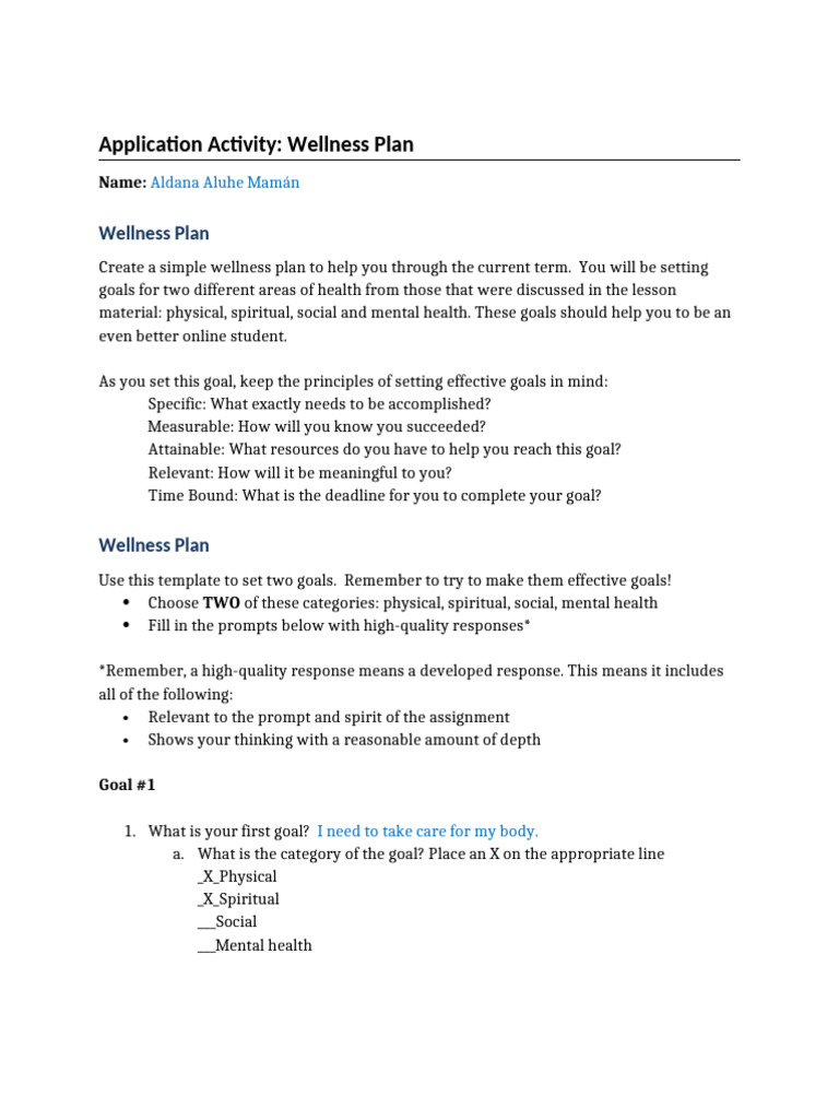 Pc103 W03 Document Applicationactivitywellnessplan Template | PDF ...