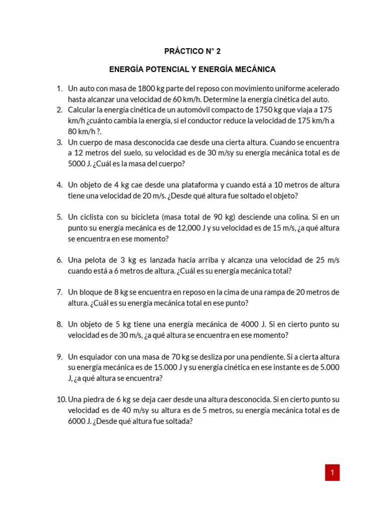 Energía Potencial y Cinética en Ejercicios | PDF