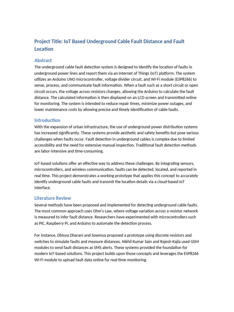 Iot Underground Cable Fault Detection 8page Document Pdf Internet Of Things Resistor