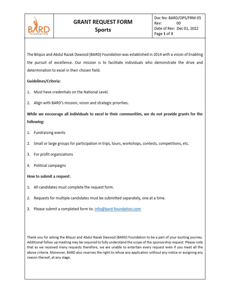 BARD Sports Grant Request Form | PDF