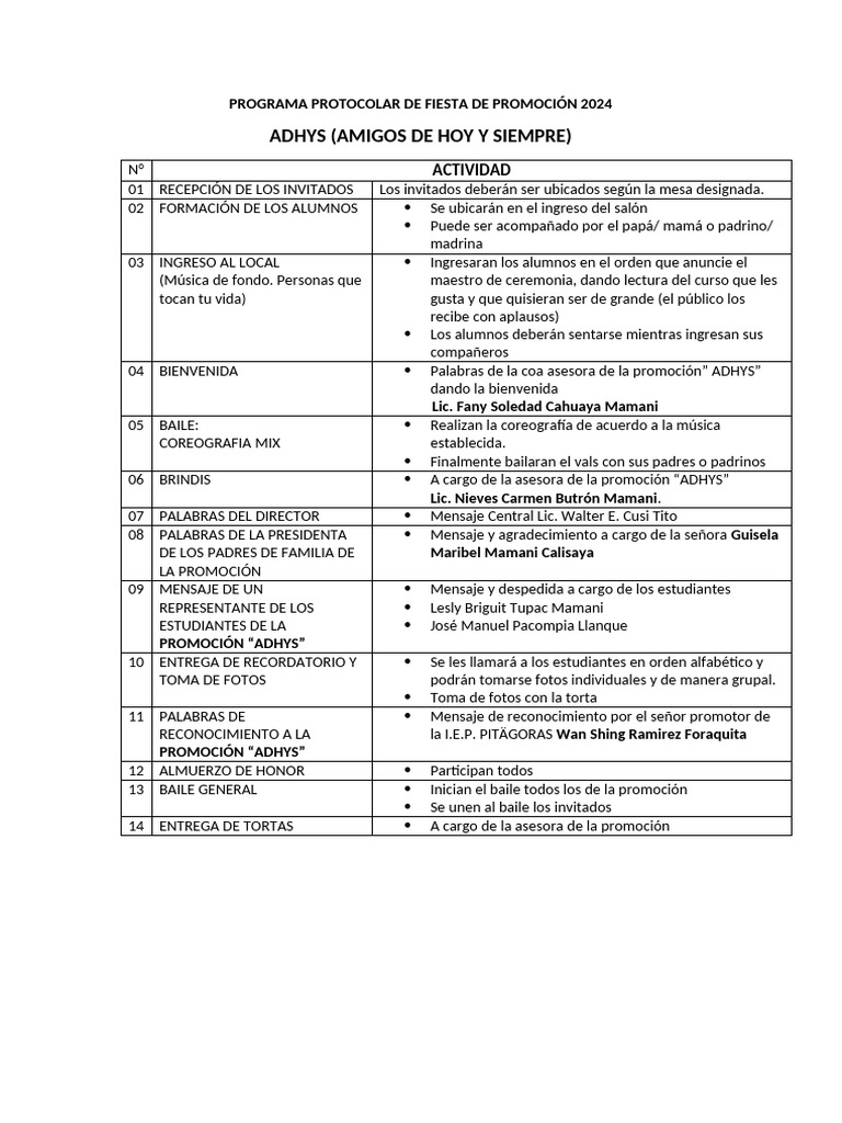 Programa Protocolar de Fiesta de Promoción 2024 | PDF