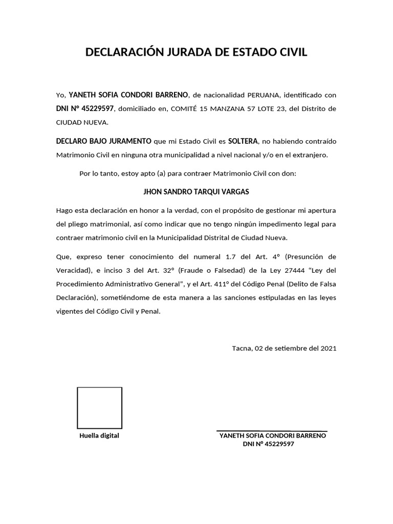 DECLARACIÓN JURADA DE ESTADO CIVIL | PDF