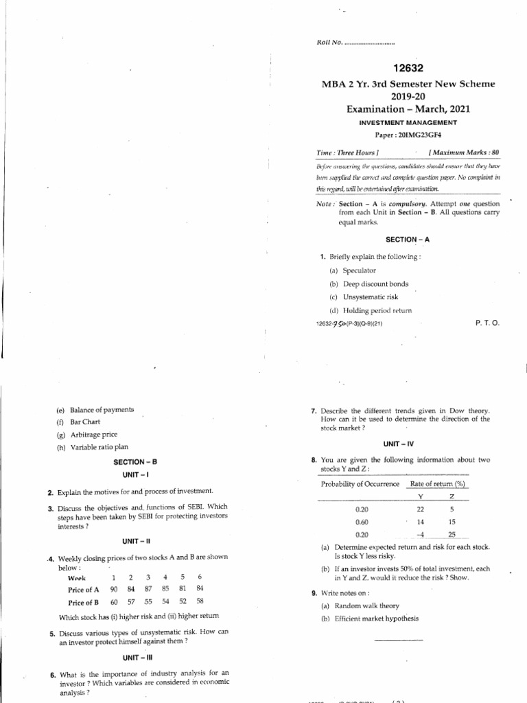Mba 3 Sem Investment Managemet 12632 Mar 2021 | PDF