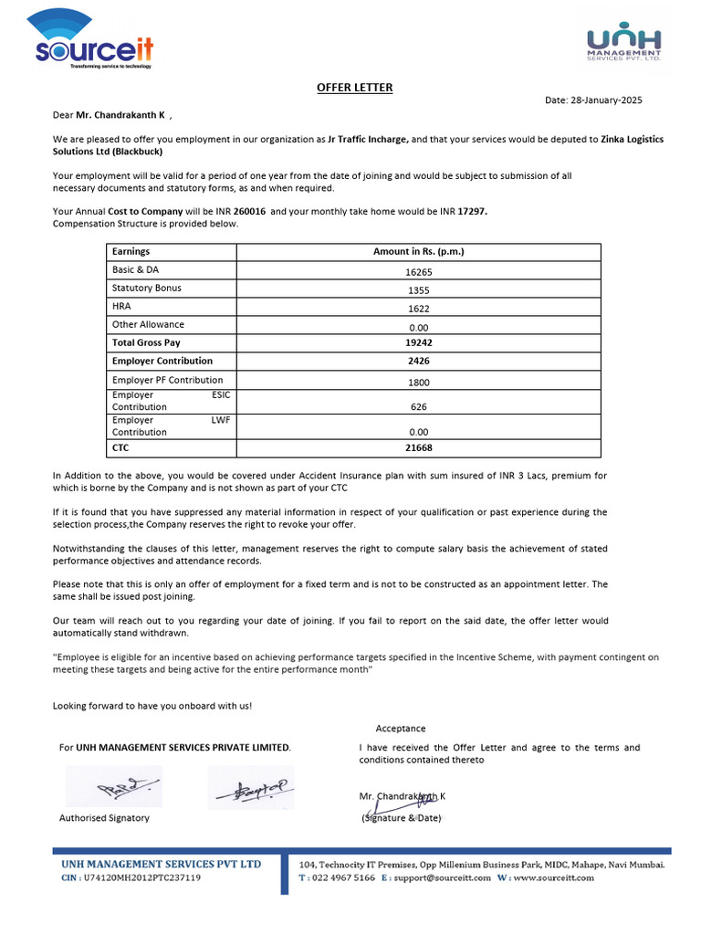 Chandrakanth K (UNHZL22925) - Offer Letter | PDF | Employment | Business