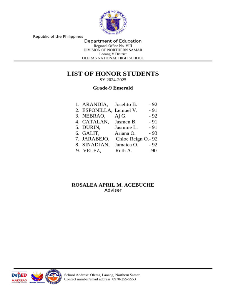 Honor Students List for Grade 9 Emerald | PDF